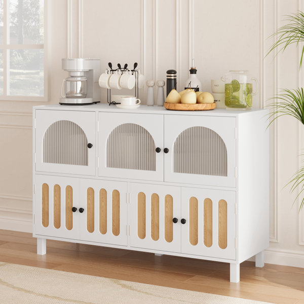 Ebern Designs Sideboard Buffets With 4 Storage Cabinet, Vertical Wave Arched Tempered Glass ...